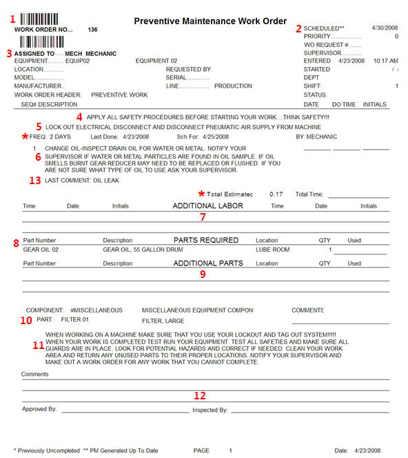 Computerized Maintenance Management - PM Work Order Printout